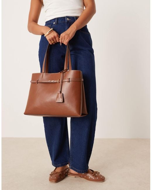 Mango Faux Leather Buckle Detail City Bag in Brown | Lyst