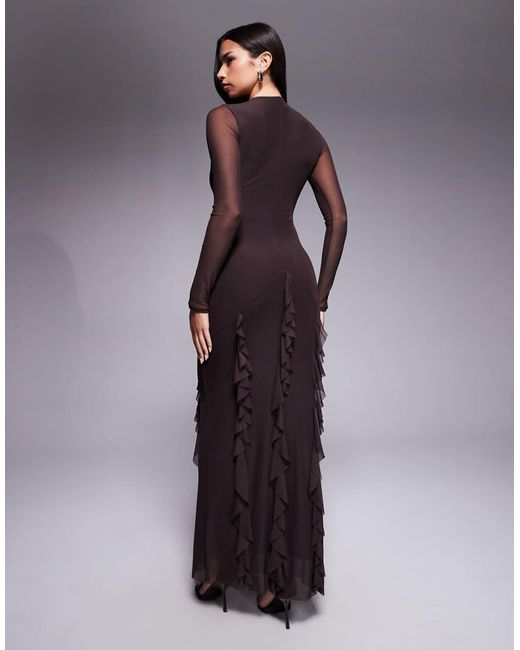 ASOS Mesh Long Sleeve Maxi Dress With Waterfall Ruffle Skirt Detail in ...