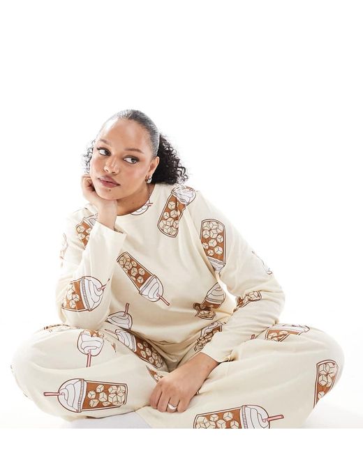ASOS Asos Design Curve Iced Coffee Long Sleeve Top And Trouser Pyjama ...