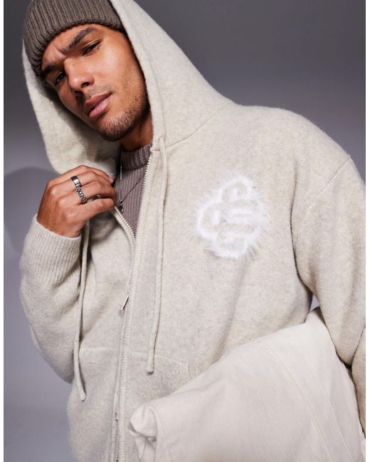 The Couture Club Fluffy Knit Emblem Zip Through Hoodie in Natural for ...
