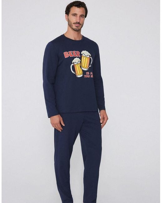 Tezenis Beer Print Long Cotton Pyjamas in Blue for Men | Lyst UK