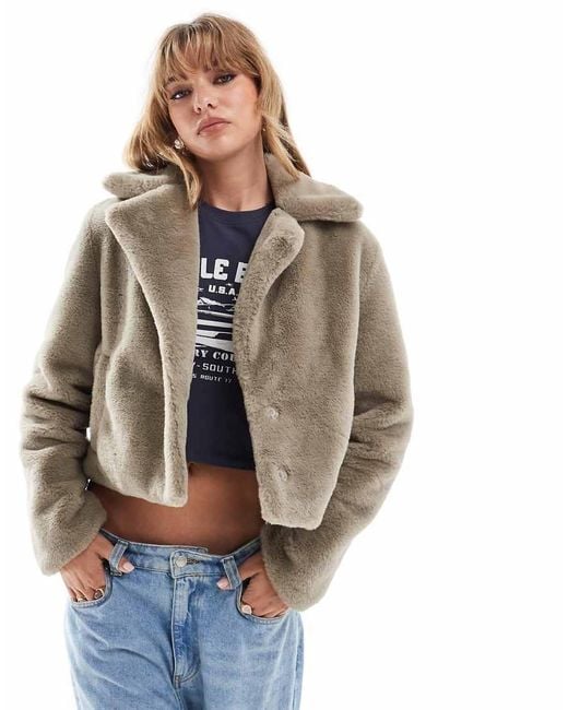Brave Soul Cropped Faux Fur Coat in Blue | Lyst UK