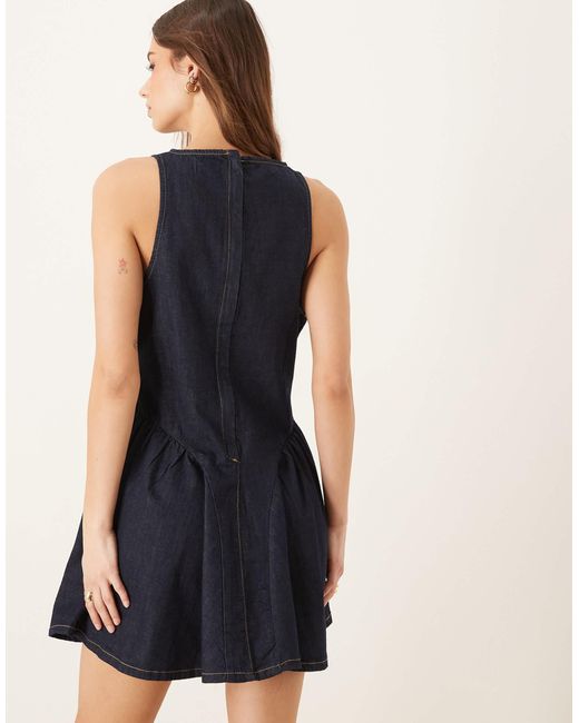 ASOS Denim Mini Dress With Gathered Hip Panels in Blue | Lyst