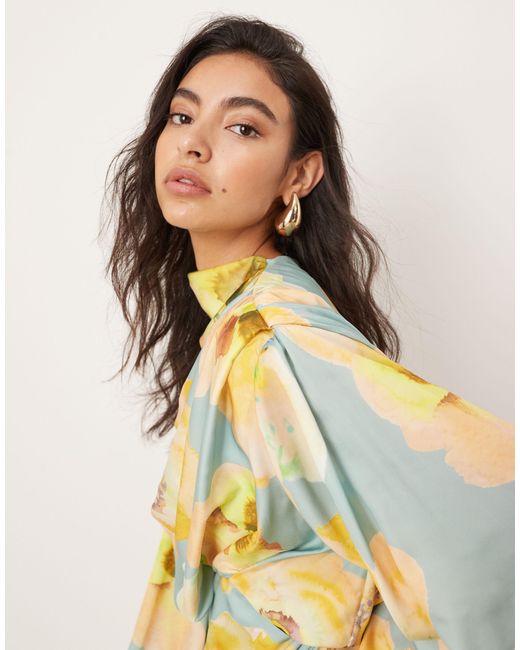 ASOS Satin Volume Blouson Sleeve Satin Midi Dress in Metallic | Lyst