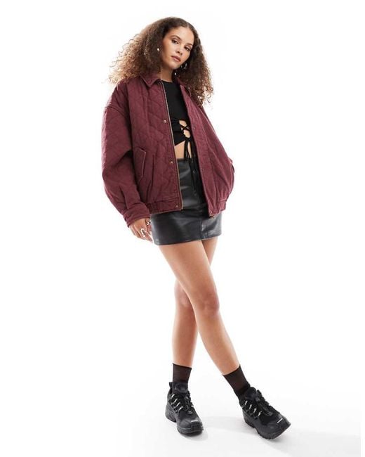Lioness Exclusive Denim Quilted Bomber Jacket in Red | Lyst UK