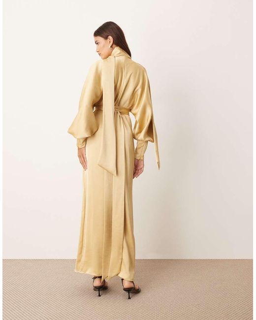 ARRANGE Scarf Neck Blouson Sleeve Column Maxi Wrap Dress in Natural ...