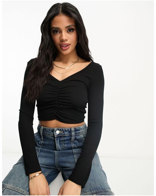 ASOS Ruched V Front And Back Crop Top in Black | Lyst