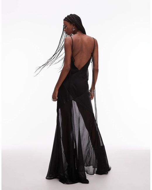 ASOS Satin Sheer Panel Maxi Slip Dress in Black | Lyst