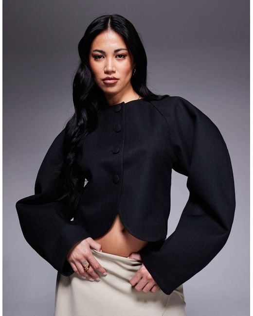 ASOS Herringbone Cocoon Sleeve Cropped Blazer in Gray | Lyst