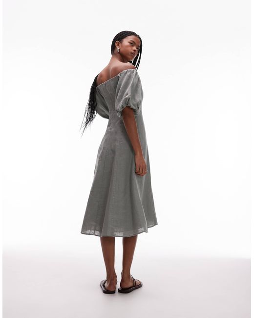 Mango Linen Puff Sleeve Midi Dress in White | Lyst