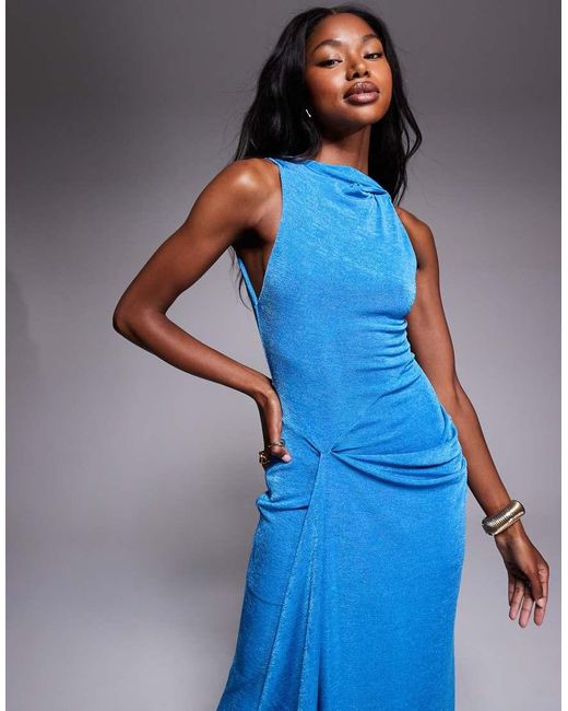 ASOS High Neck Maxi Slinky Dress With Drape in Blue | Lyst UK
