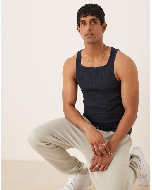 ASOS Heavyweight Muscle Rib Square Neck Vest in Blue for Men | Lyst