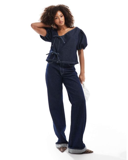 ASOS Denim Asymmetric Tie Side Top in Blue | Lyst