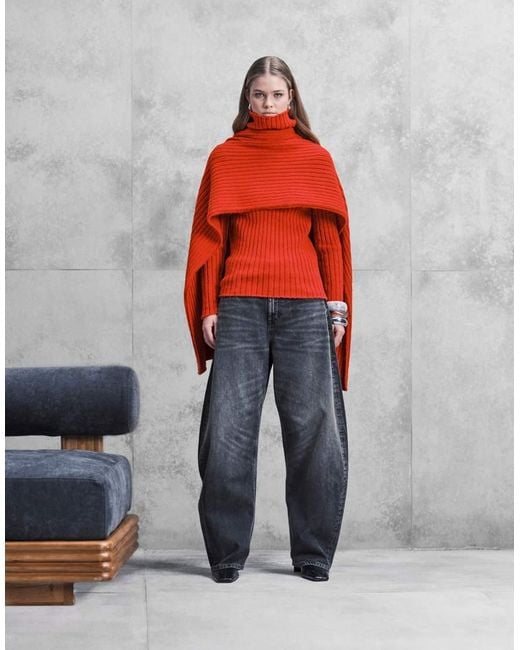 ASOS Knitted Funnel Neck Jumper With Re-Attachable Scarf in Red | Lyst UK