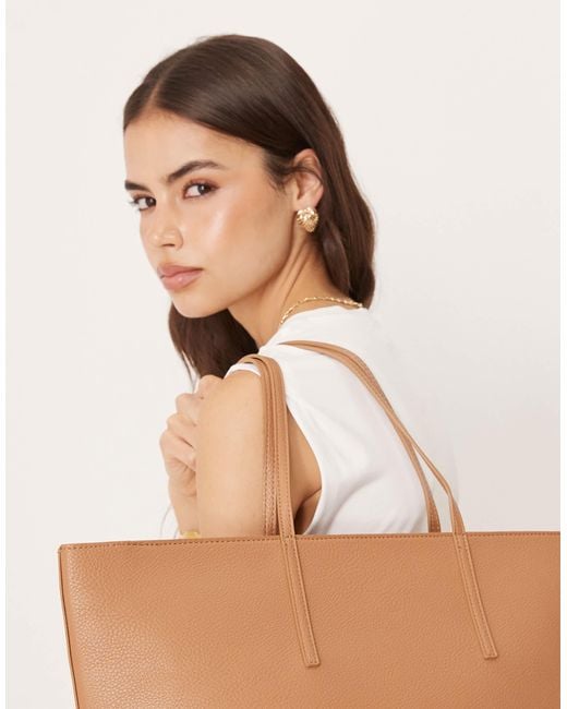 Mango Classic Faux Leather Tote Bag in Natural | Lyst
