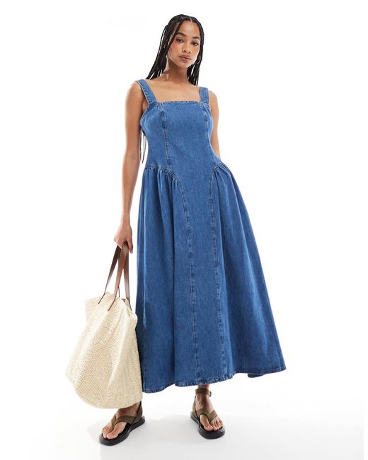 ASOS Denim Midi Dress With Side Bustle Panels in Blue | Lyst