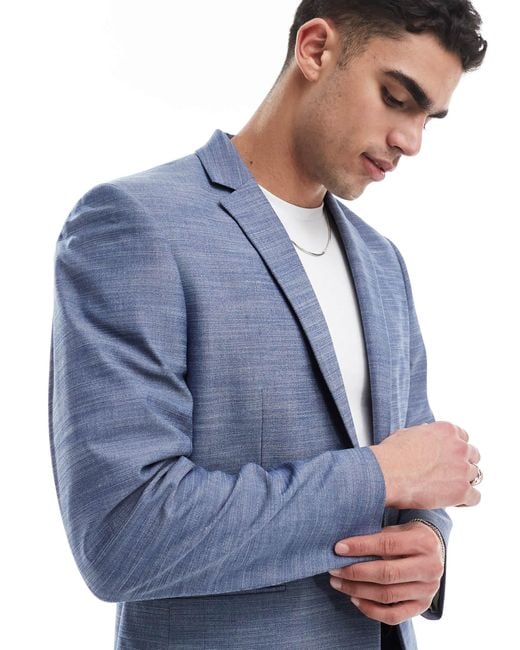 ASOS Linen Look Slim Suit Jacket in Blue for Men | Lyst
