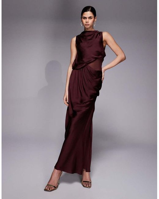 ASOS Draped High Neck Asymmetric Satin Bodice Maxi Dress With Sheer ...