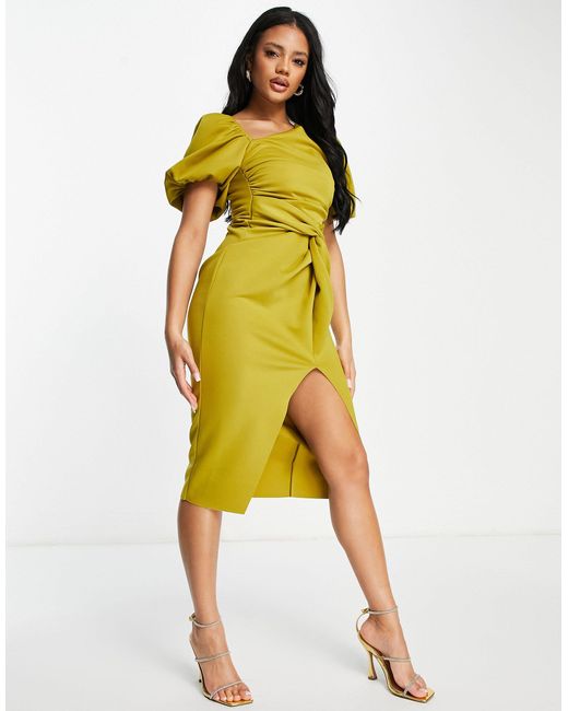ASOS Asymmetric Puff Sleeve Knot Tuck Midi Dress in Green - Lyst ASOS Asymmetric Puff Sleeve Knot Tuck Midi Dress in Green - Lyst