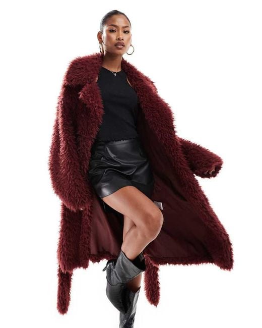 Aria Cove Teddy Belted Coat in Red | Lyst UK