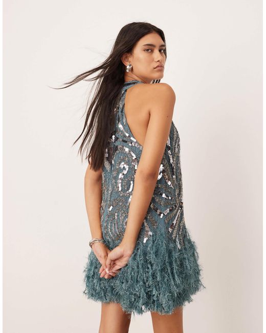 ASOS Embellished Plunge Neck Mini Dress With Faux Feather Hem in Blue | Lyst