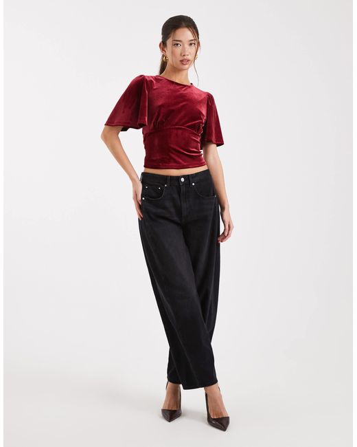 ASOS Velvet Puff Sleeve Top With Tie Back in Red | Lyst
