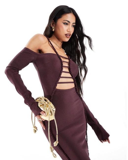 ASOS Bardot Bandage Midi Dress With Knotted Lattice Detailing in Purple | Lyst