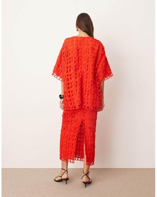 ARRANGE Floral Cutwork Column Midi Skirt in Red | Lyst UK