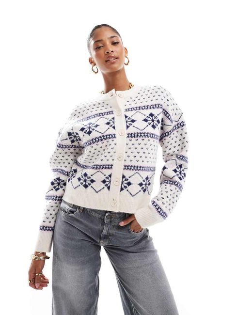 ASOS Crew Neck Cardigan With Fair Isle Pattern in White | Lyst UK