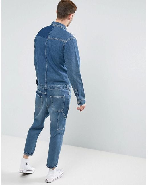 Asos Denim Boiler Suit In Vintage Mid Wash With Shadow Patching And Hem ...