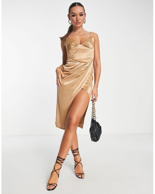 Asos Corset Detail Ruched Satin Midi Dress In White Lyst Uk