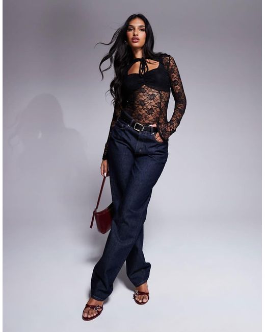 ASOS Lace Long Sleeve Bodysuit With Tie Detail in Blue | Lyst UK