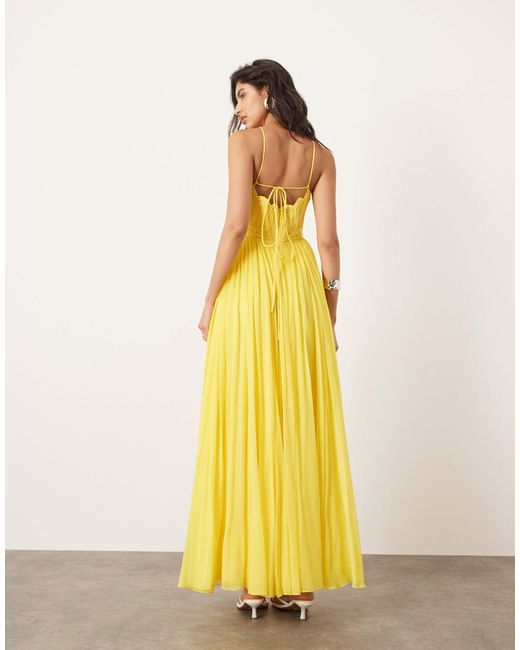 ASOS Embroidered Satin Cornelli Maxi Dress With Chiffon Skirt in Yellow | Lyst
