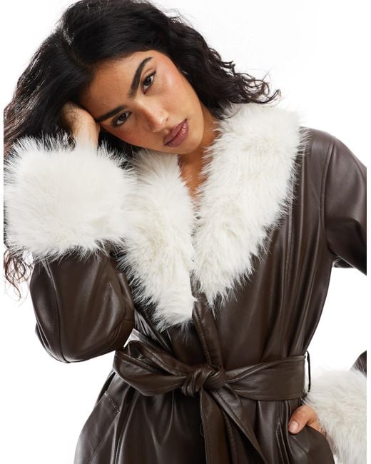 ASOS Faux Fur Collar And Cuff Longline Leather Look Coat in Natural | Lyst