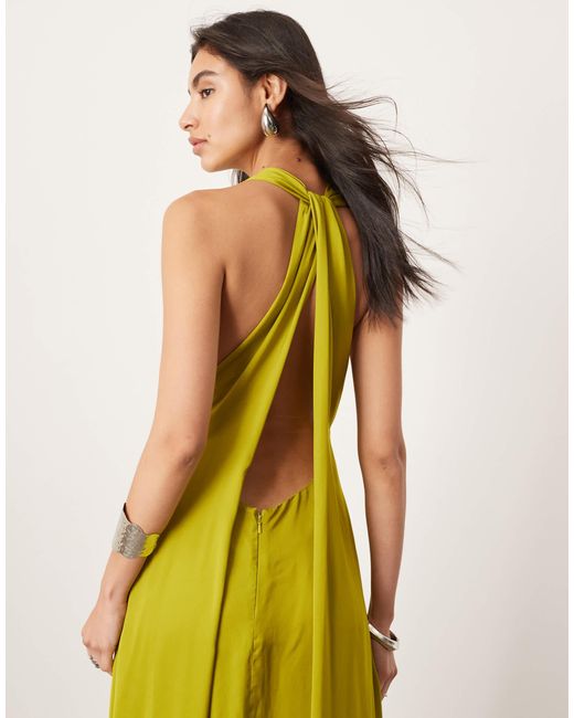 ASOS Satin Halter Maxi Dress With Pockets Ruched Detail in Green | Lyst