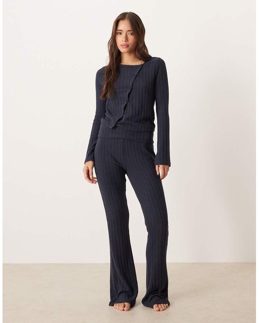 ASOS Wide Rib Fold Over Wide Leg Pants in Blue | Lyst UK