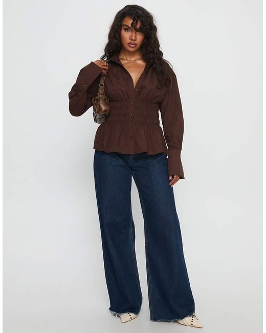Princess Polly As You Are Shirred Waist Button Up Shirt in Brown | Lyst UK