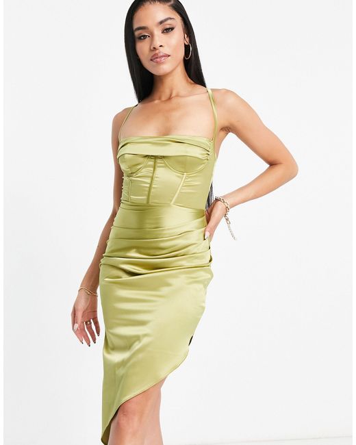Asos Satin Cowl Bust Wired Corset Ruch Midi Dress In Green Lyst Canada