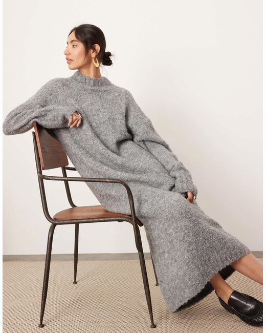 ASOS Boucle Chunky Knit High Neck Maxi Dress in Gray | Lyst