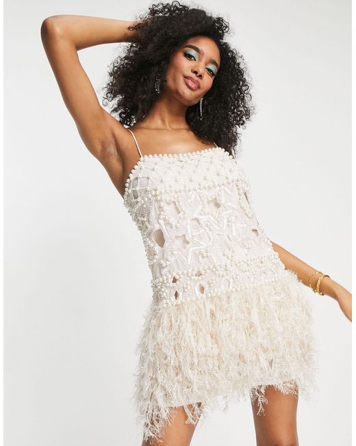 Asos Synthetic Pearl Embellished Cami Mini Dress With Feather Dress In