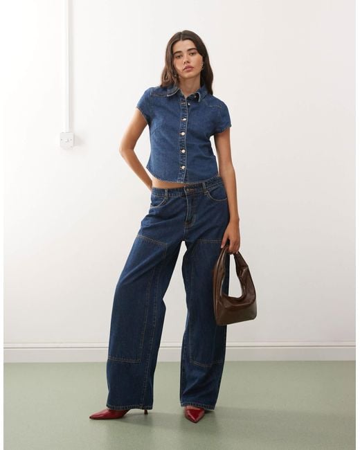 Lioness Varsity S Collar Detail Short Sleeve Contrast Stitch Denim ...