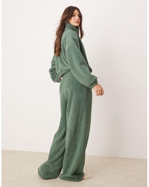 ASOS Lounge Microfleece Zip Collar Sweat & Wide Leg Set in Green | Lyst