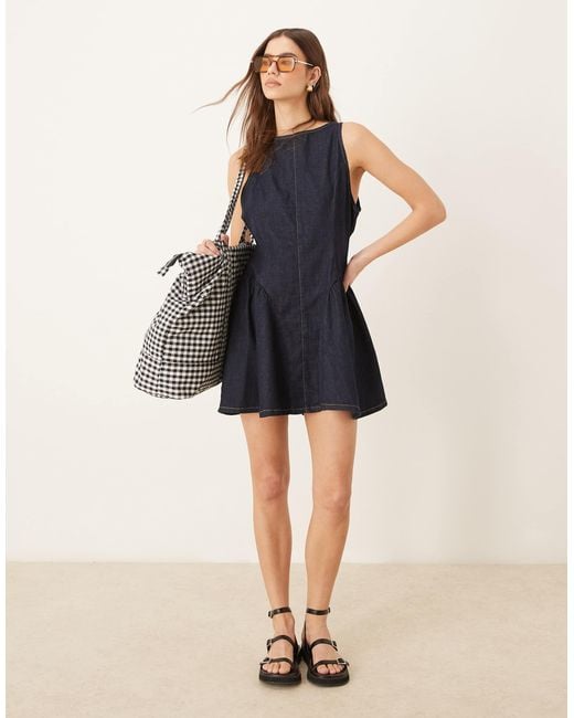 ASOS Denim Mini Dress With Gathered Hip Panels in Blue | Lyst