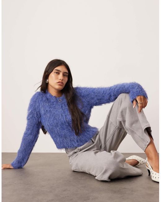 ASOS Fluffy Knit Zip Through Cropped Cardigan in Blue | Lyst