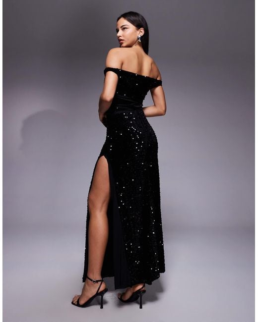 ASOS Velvet Sequin Twist Shoulder With Lace Up Back Maxi Dress in Black ...