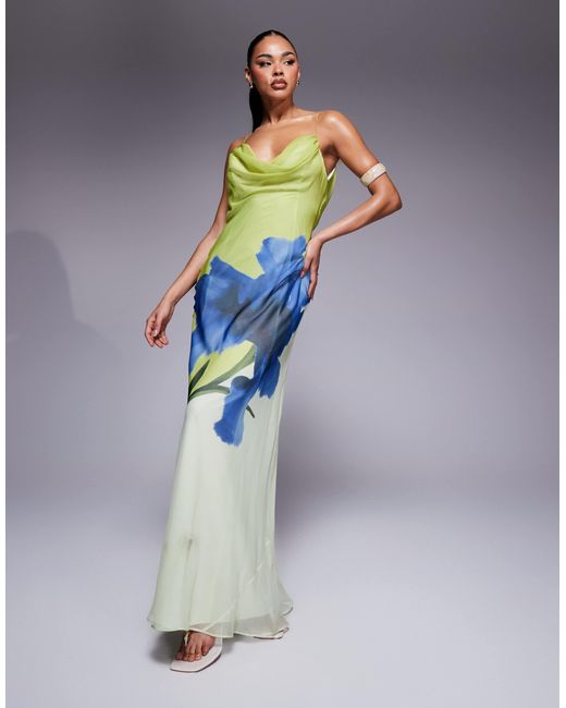 ASOS Cowl Neck Plunge Maxi Dress With Back Detail in Blue | Lyst