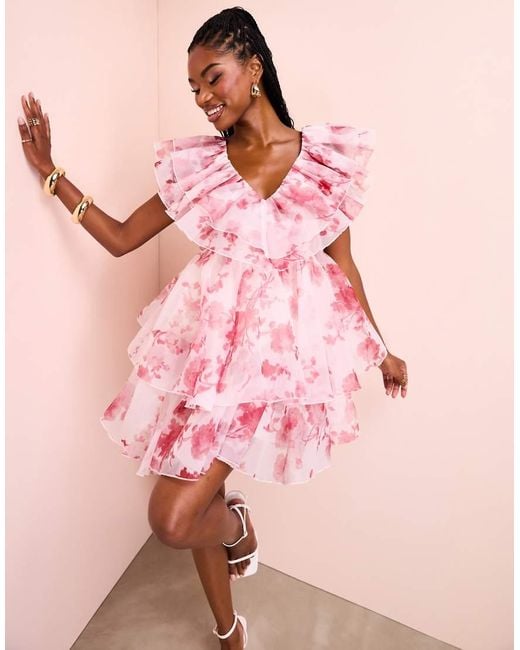 ASOS Organza Ruffle Baby Doll Mini Dress in Pink | Lyst UK