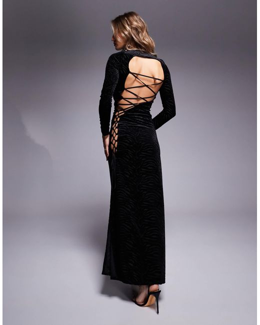 ASOS Long Sleeve Burnout Maxi Dress With Extreme Lace Up Side in Black ...