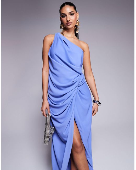ASOS One Shoulder Draped Crepe Midaxi Dress With Split in Blue | Lyst