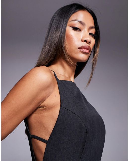 ASOS High Neck Structured Jumpsuit With Side Splits in Blue | Lyst
